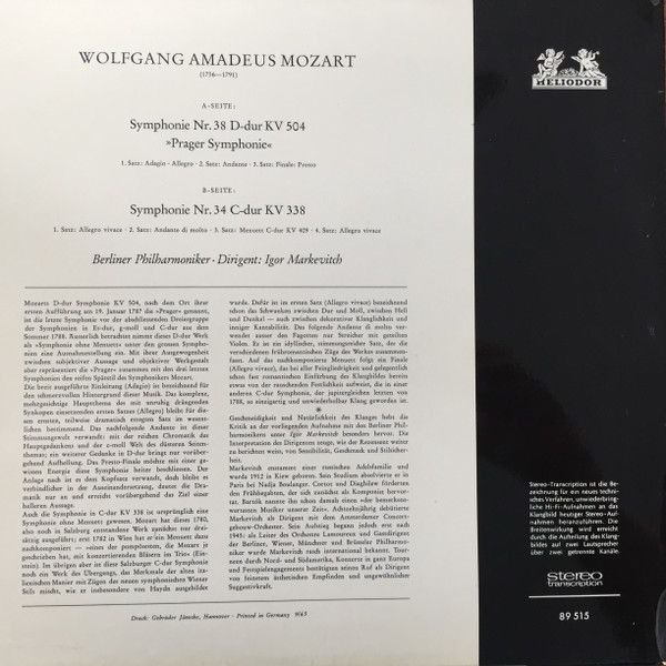 HELIODOR 89 515 - Wolfgang Amadeus Mozart, Igor Markevitch, Berl ...
